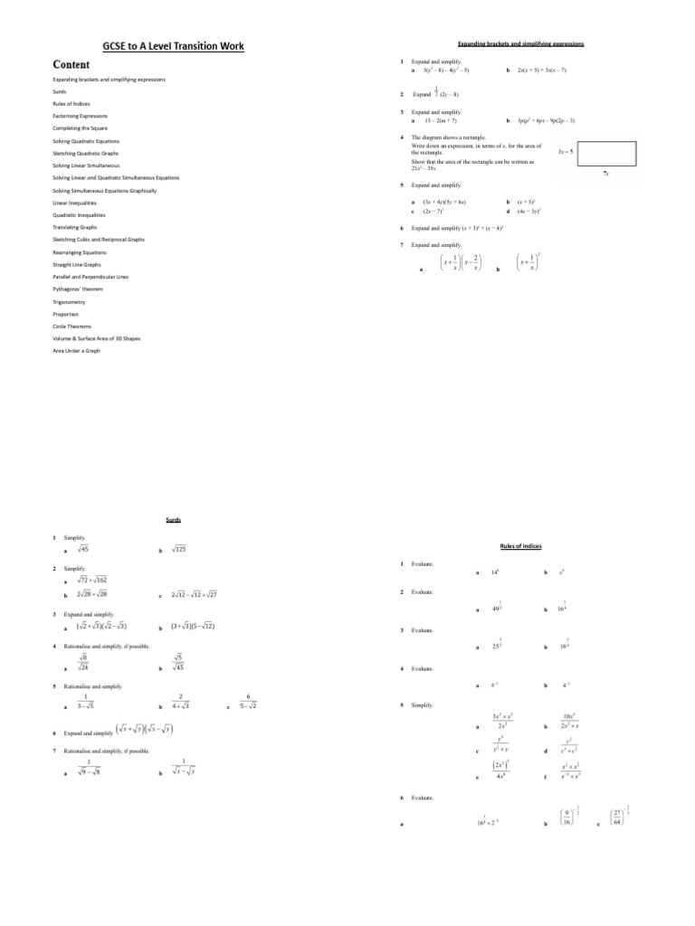 GCSE To A Level Transition Booklet | PDF | Quadratic Equation | Equations
