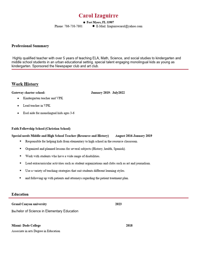 Carol Izaguirre Resume | PDF | Teachers | Schools