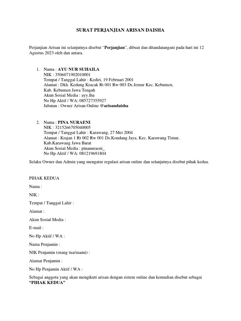 Surat Perjanjian Arisan Daisha | PDF