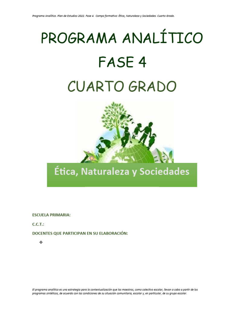 ? MT 4. Cuarto Grado. Programa Analítico Ética, Naturaleza y Sociedades. Fase 4 | PDF | Plan de ...