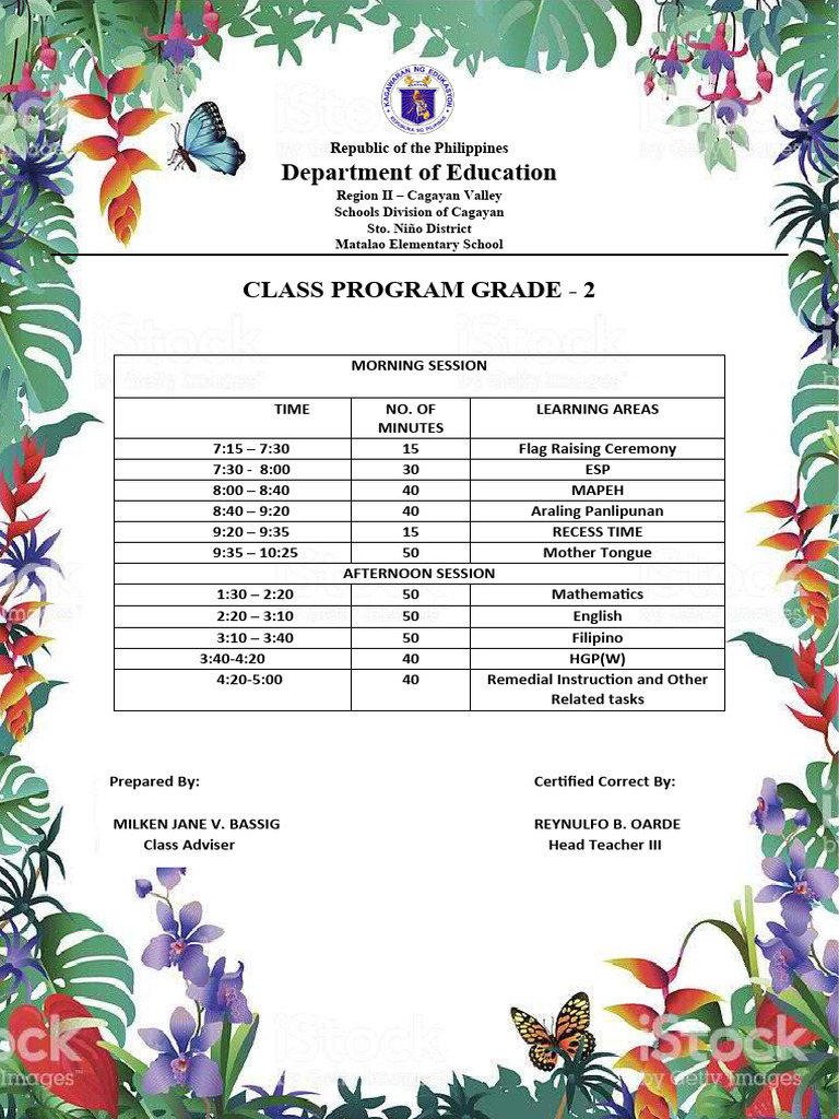 Grade 2 Class Program Schedule | PDF