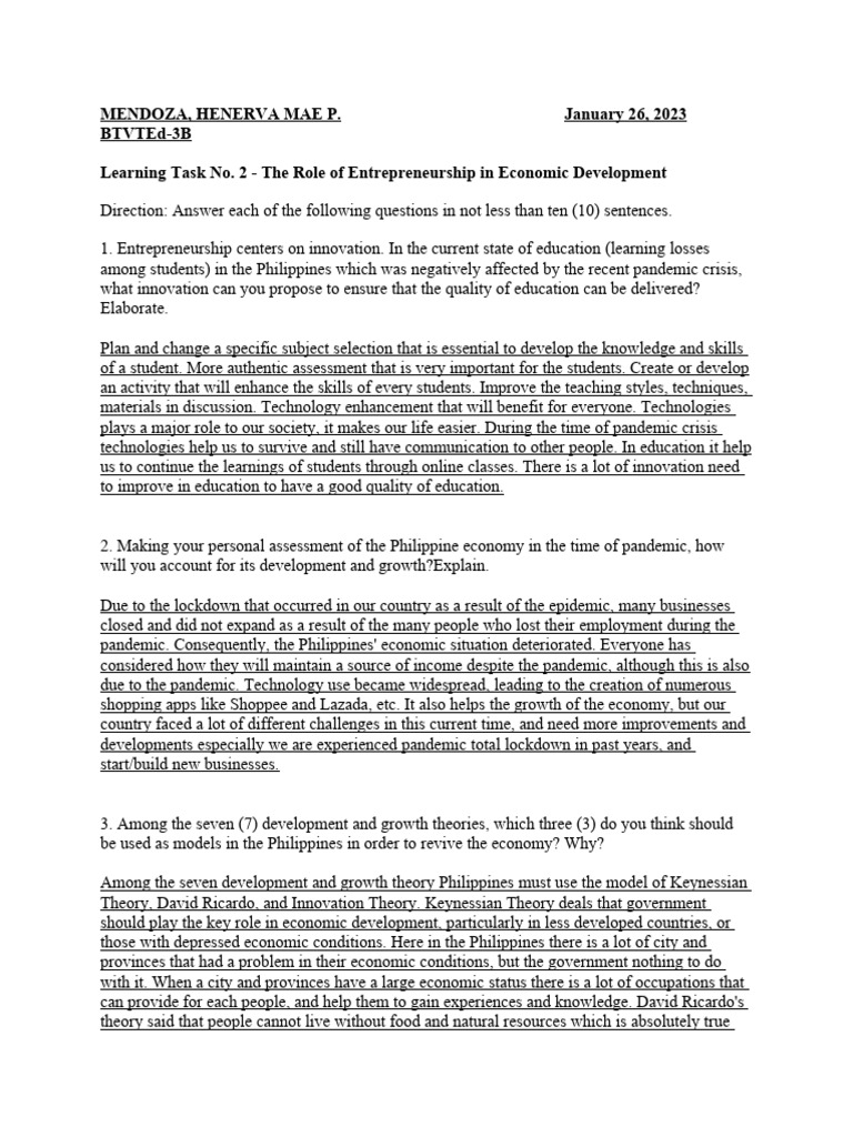 Mendoza Learning Task No | PDF | Entrepreneurship | Economic Growth