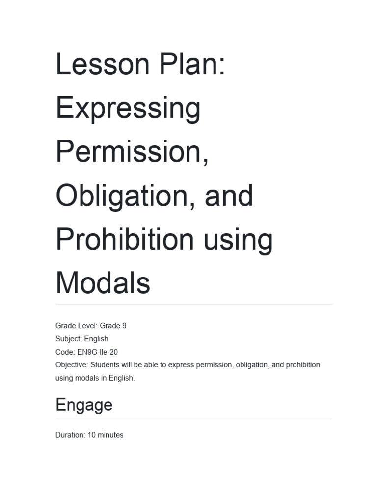 Modals of Permission, Obligation, Prohibition | PDF | Lesson Plan ...