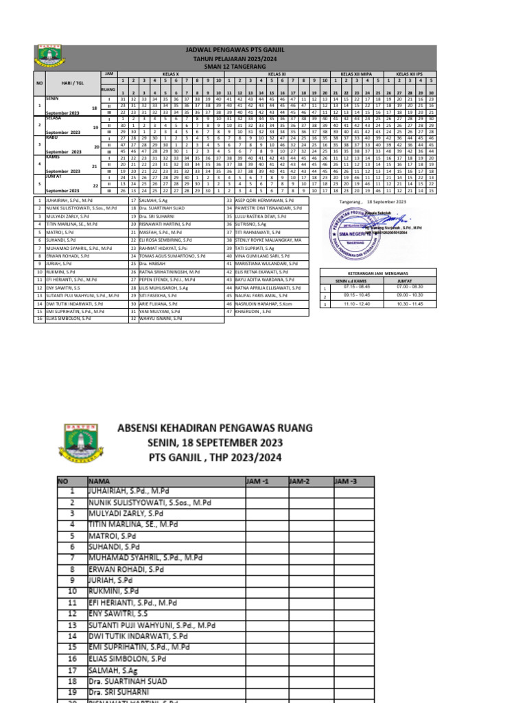 Jadwal Pengawas Pts Ganjil-2023 | PDF