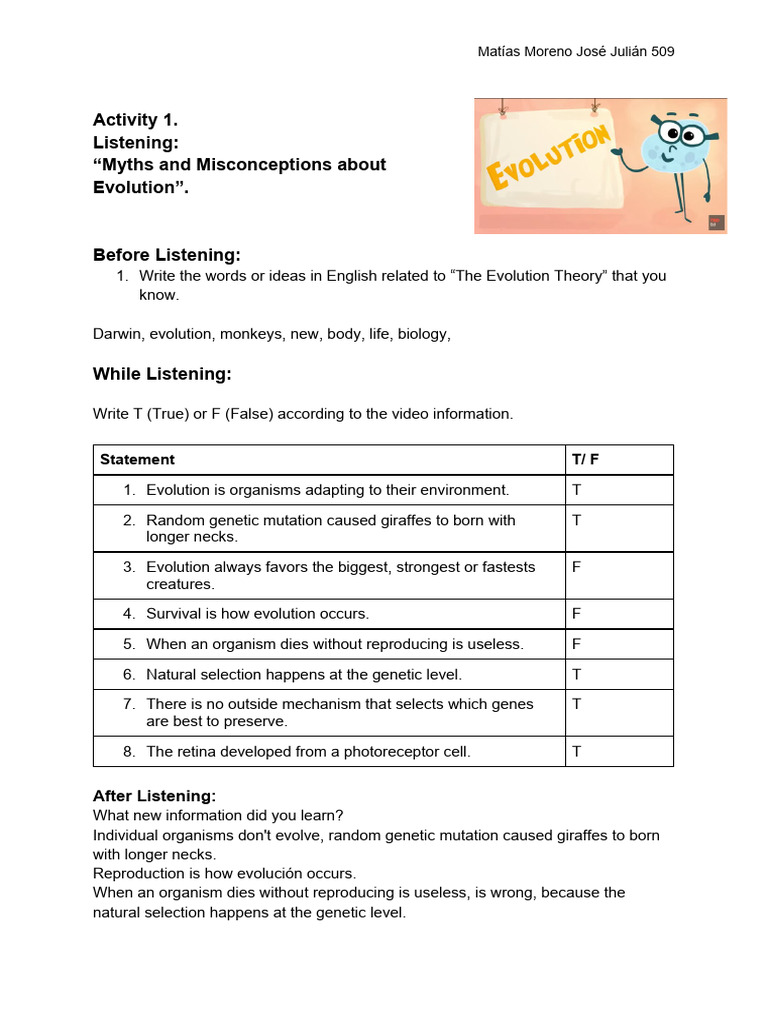 Activity 1. Listening - Myths and Misconceptions About Evolution. | PDF