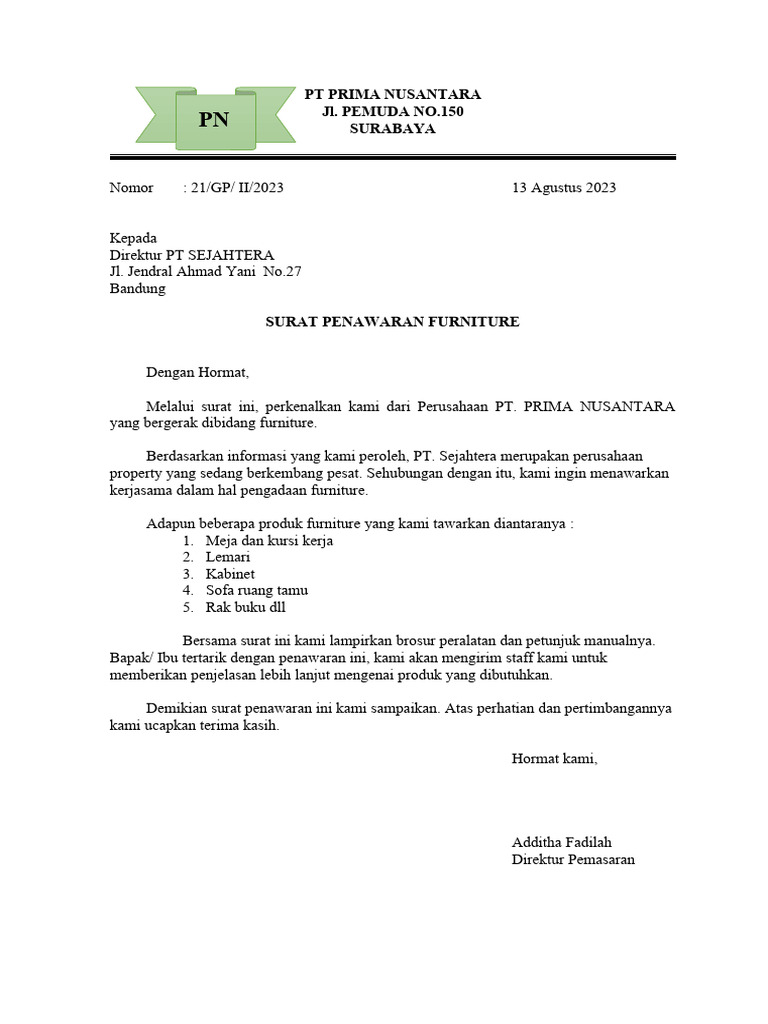 Surat Penawaran Furniture Semi Block | PDF