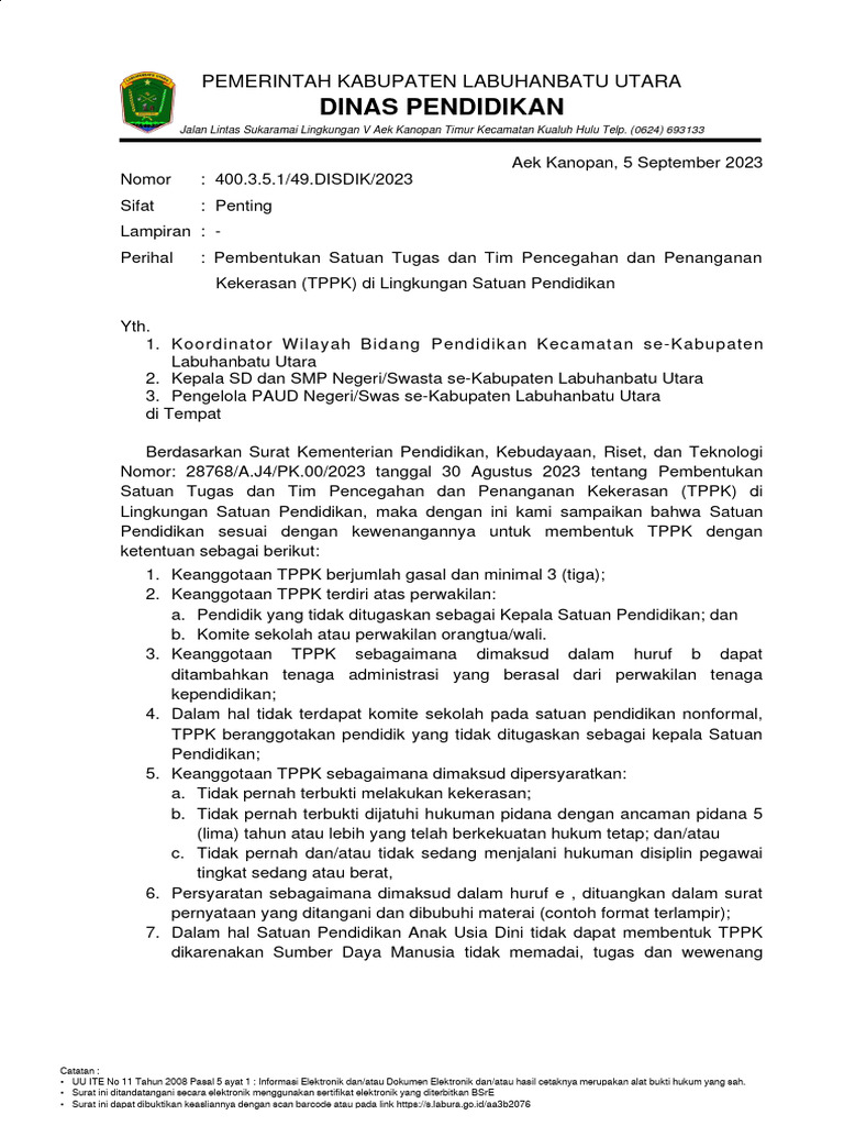 (DISDIK LABURA) Pembentukan Satuan Tugas Dan Tim Pencegahan Dan Penanganan Kekerasan (TPPK) Di ...
