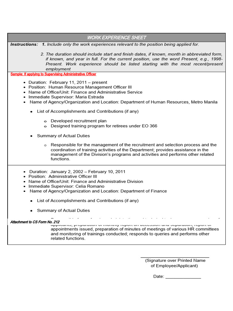 Work Experience Sheet For Pds | PDF | Human Resources | Recruitment