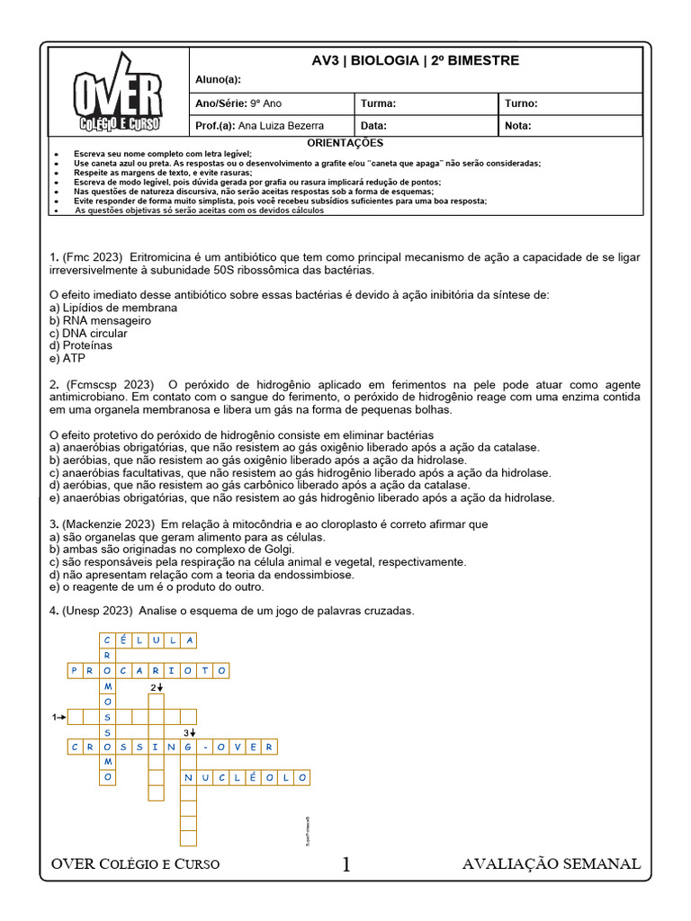 AV3 - 9Âº Ano - 2Âº Bim | PDF | Célula (Biologia) | Mitocôndria