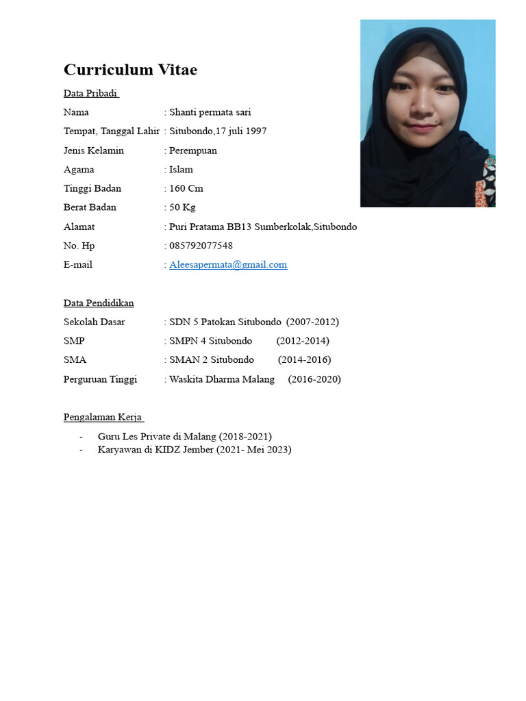 CV Shanti Permata Sari: Pendidikan & Pengalaman | PDF