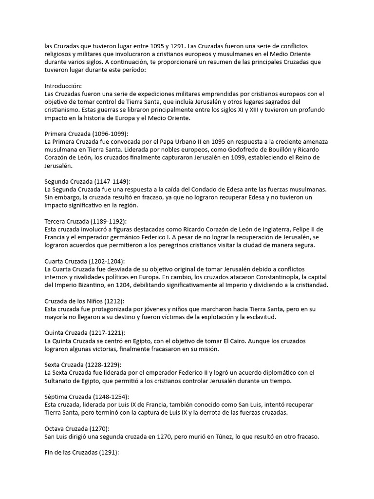 Resumen de las Cruzadas (1095-1291) | PDF | Cruzadas | imperio Bizantino