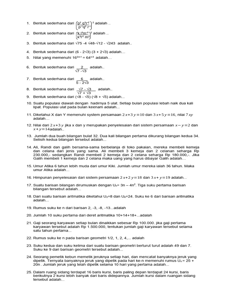 Kisi2 UAS MTK Kelas X Semester 1 | PDF