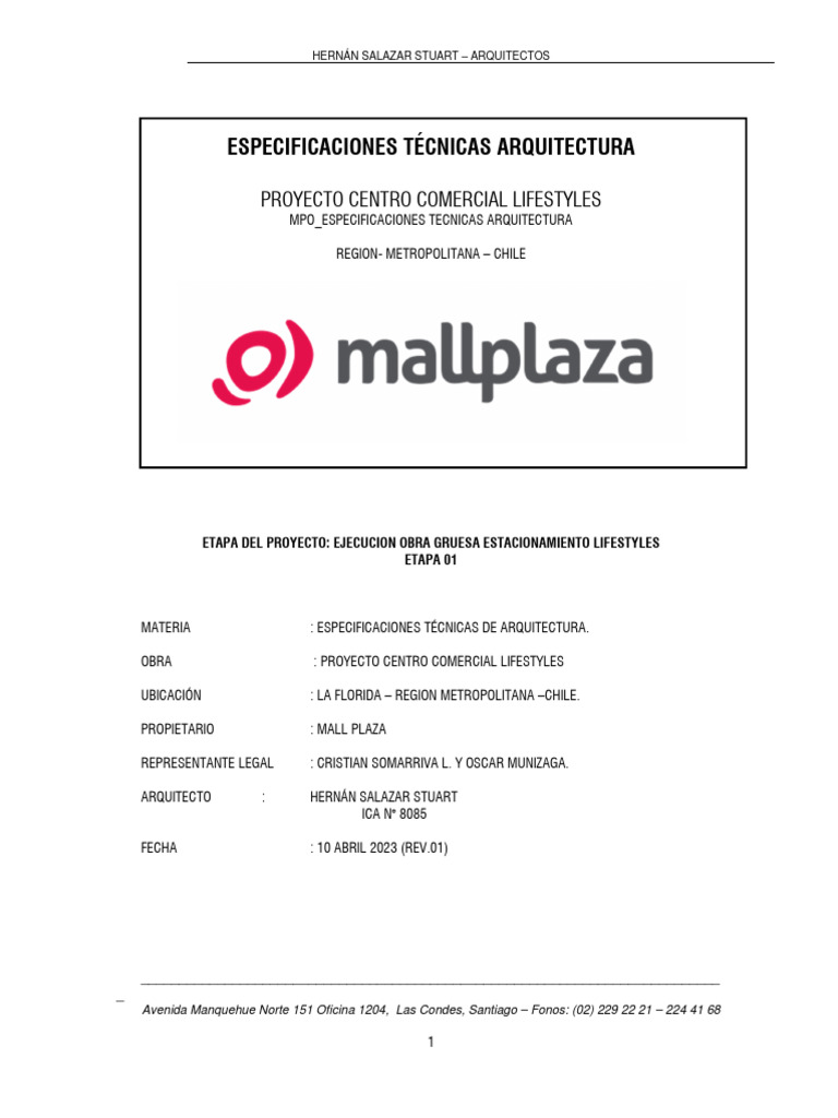 Especificaciones T Cnicas Arquitectura Etapa 01 Rev 1 | PDF | Hormigón | Arquitecto