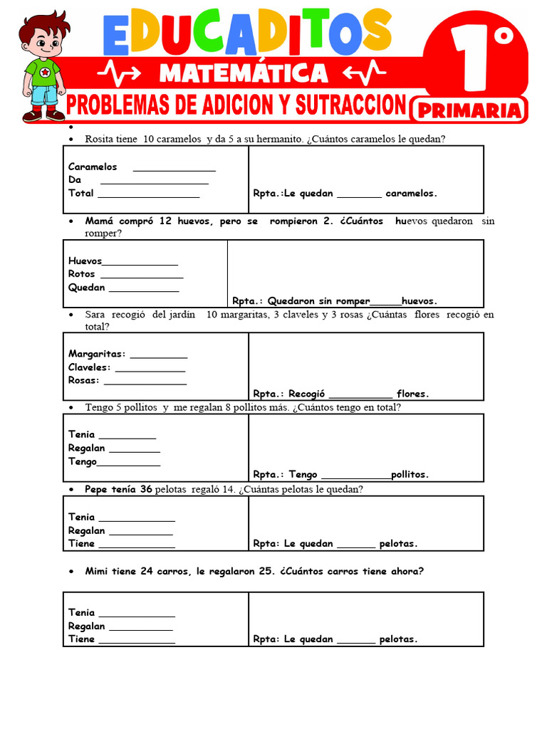Problemas de Adicion y Sutraccion para Primer Grado de Primaria | PDF ...