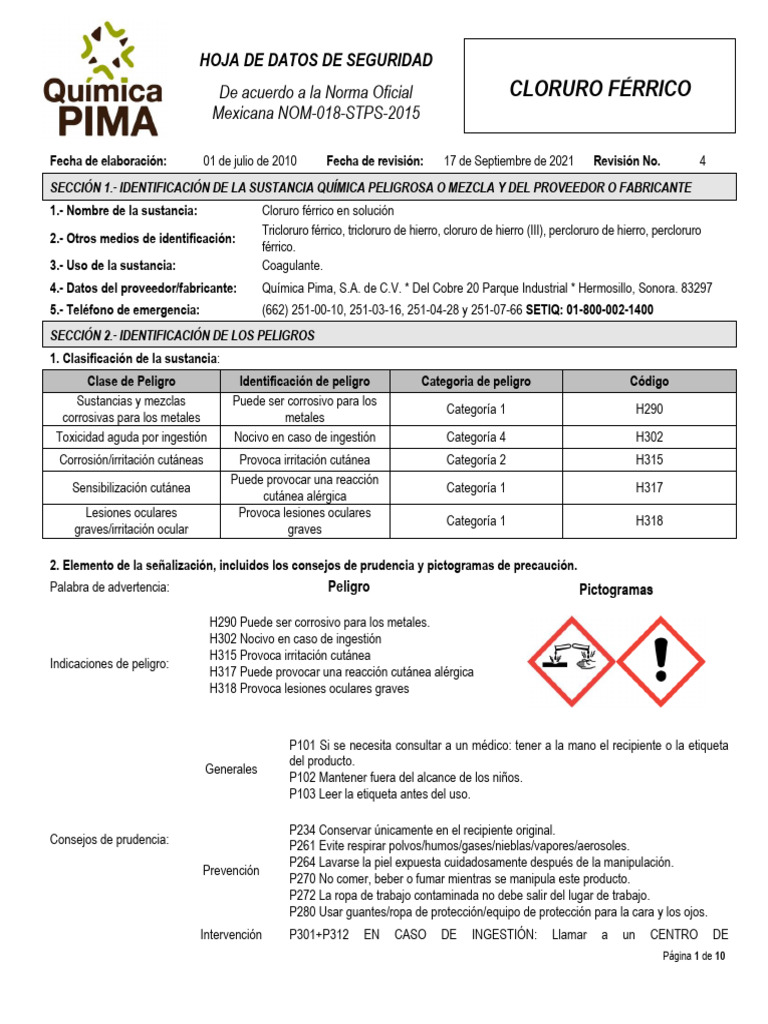 Ficha de Seguridad: Cloruro Férrico | PDF | Residuos | Agua