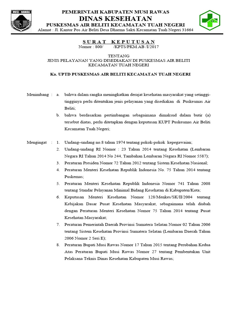 1.1.1.1 SK Jenis-Jenis Pelayanan Di Puskesmas | PDF | Sains & Matematika