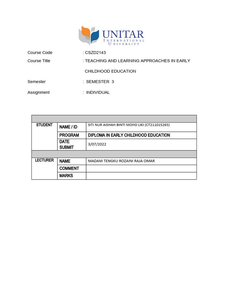 Assingnment Individual (Tadika Lesson Plan) | PDF | Learning | Cognition