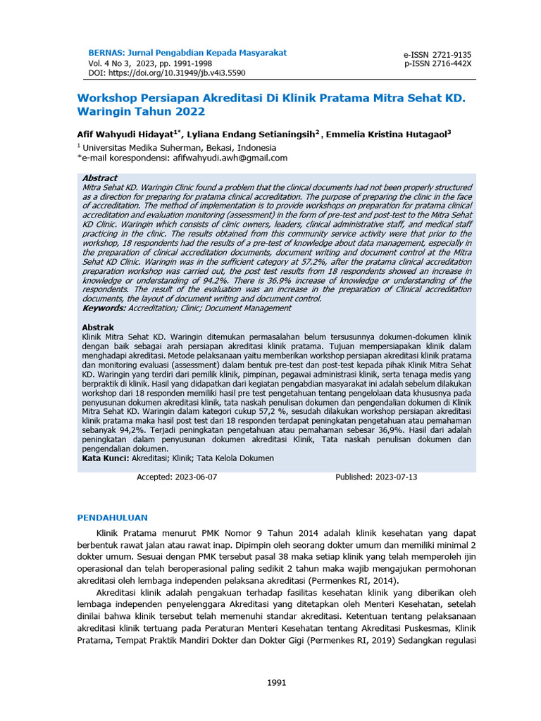 Workshop Persiapan Akreditasi Di Klinik Pratama Mitra Sehat KD. Waringin Tahun 2022 | PDF