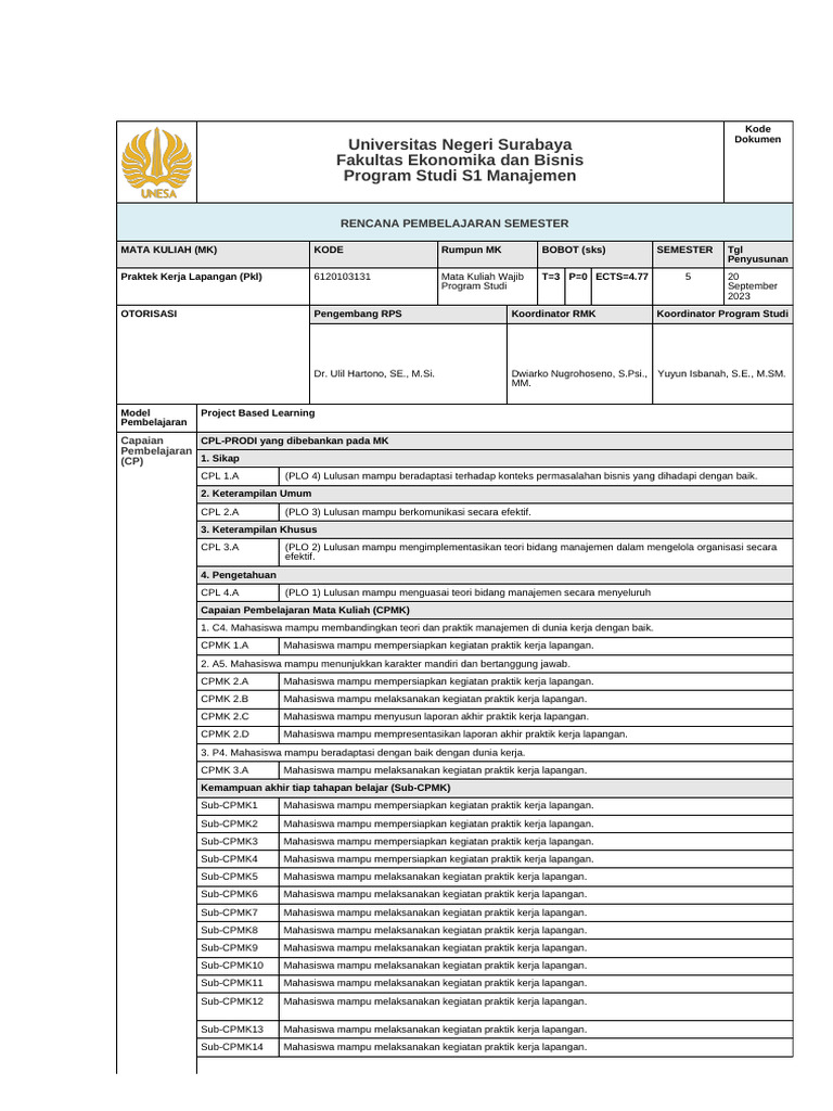 RPS Praktek Kerja Lapangan (PKL) | PDF