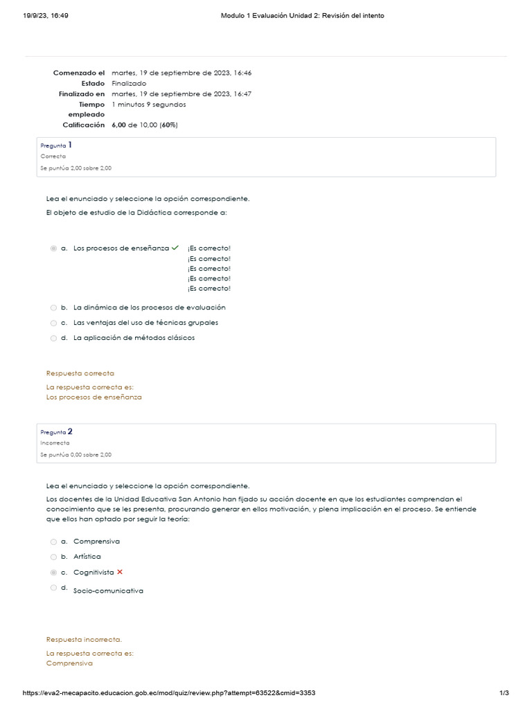 Modulo 1 Evaluación Unidad 2 - Revisión Del Intento | PDF | Enseñando | Evaluación