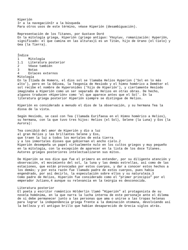 Hiperión | PDF | Mitología | Mitología griega Hiperión | PDF | Mitología | Mitología griega