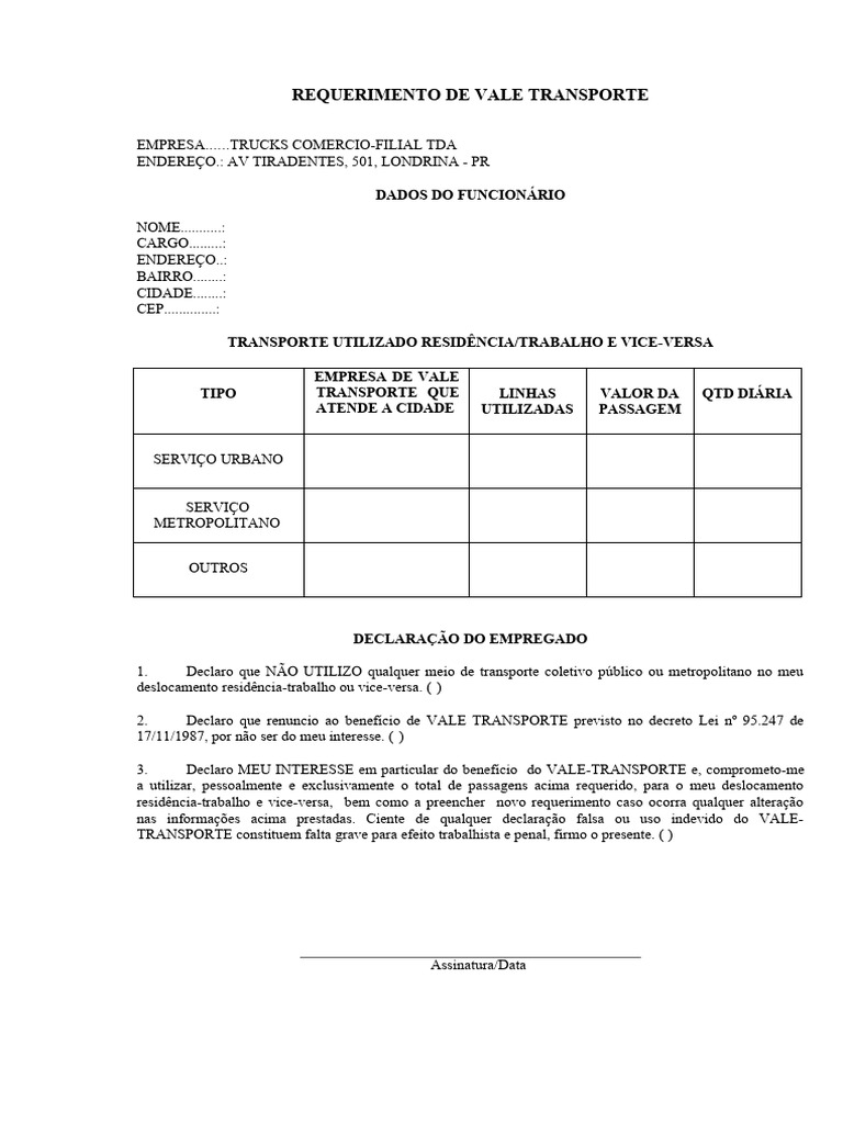 Formulário VT | PDF