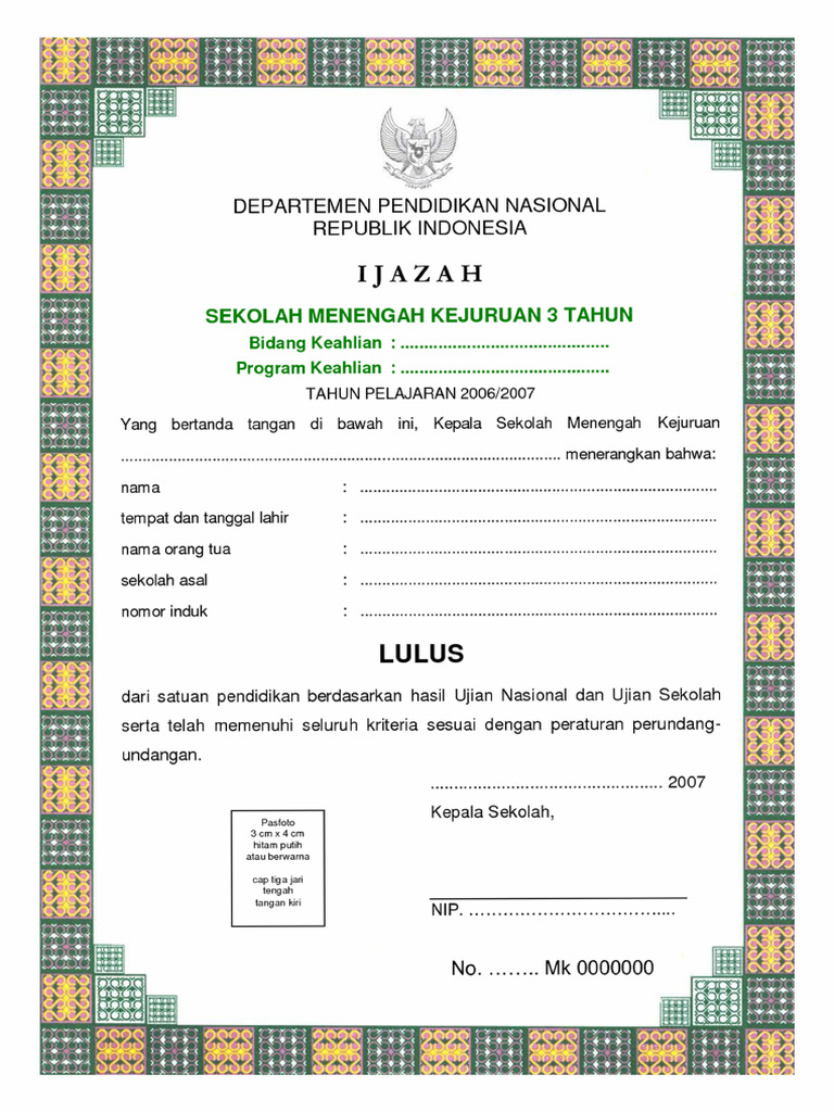 Blangko Ijazah SMK 2007 | PDF Blangko Ijazah SMK 2007 | PDF