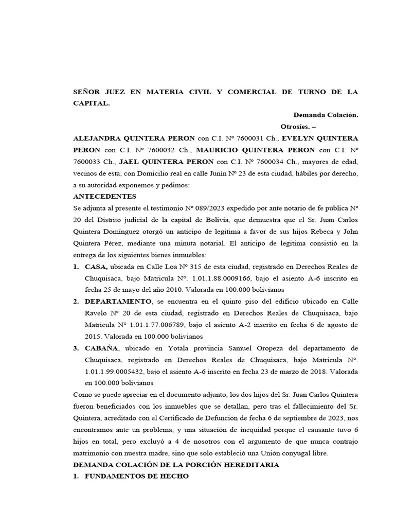 Demanda Colación (practica) | PDF | Herencia | Justicia