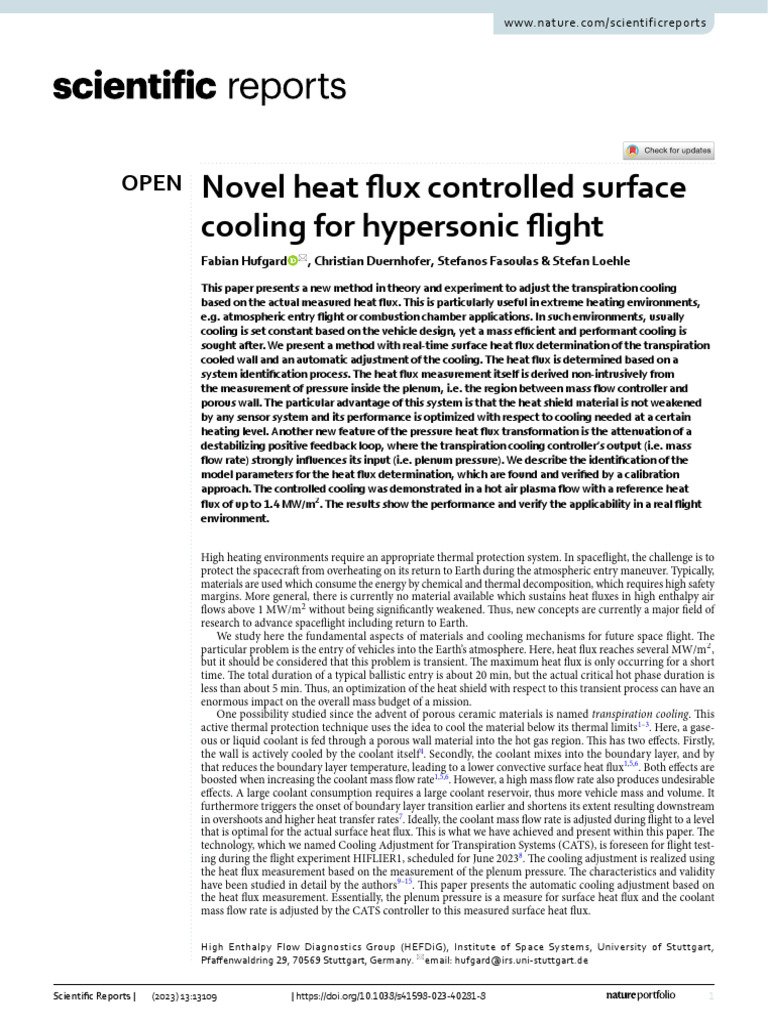 Hufgard 等 - 2023 - Novel Heat Flux Controlled Surface Cooling for Hyp | PDF | Atmospheric Entry ...