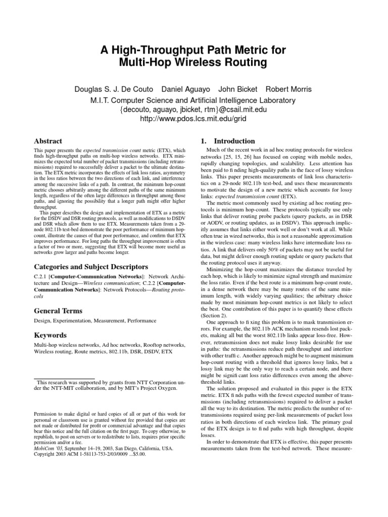 A High-Throughput Path Metric For Multi-Hop Wireless Routing | PDF ...