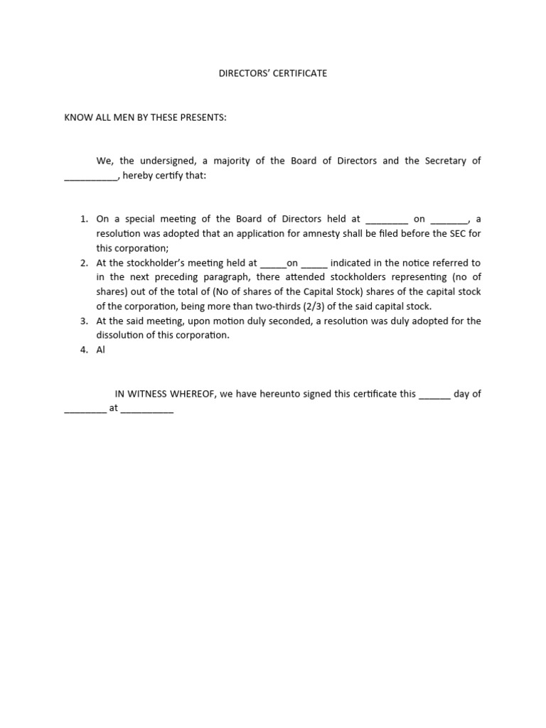 Directors' Certificate for SEC Filing | PDF