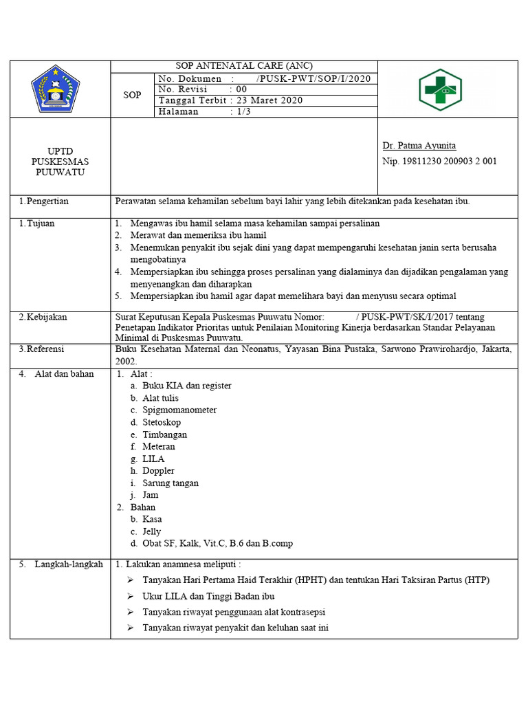 ANTENATAL CARE Sop | PDF | Kesehatan Holistik