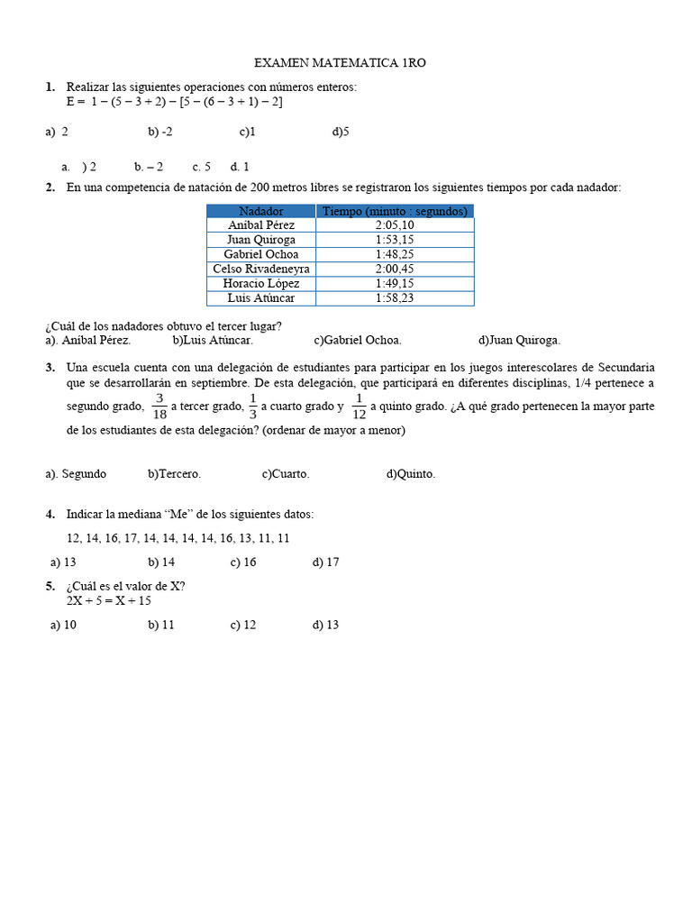 Examen Matematica 1ro | PDF