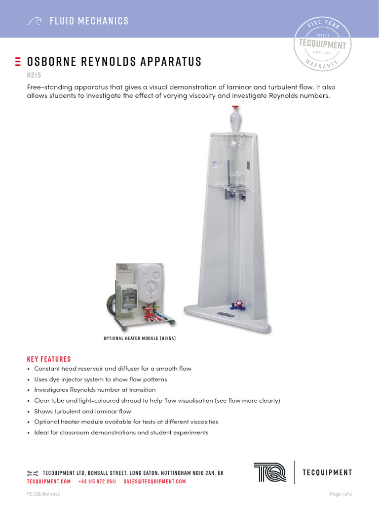 H215 Osborne Reynolds Apparatus Datasheet | PDF | Reynolds Number ...