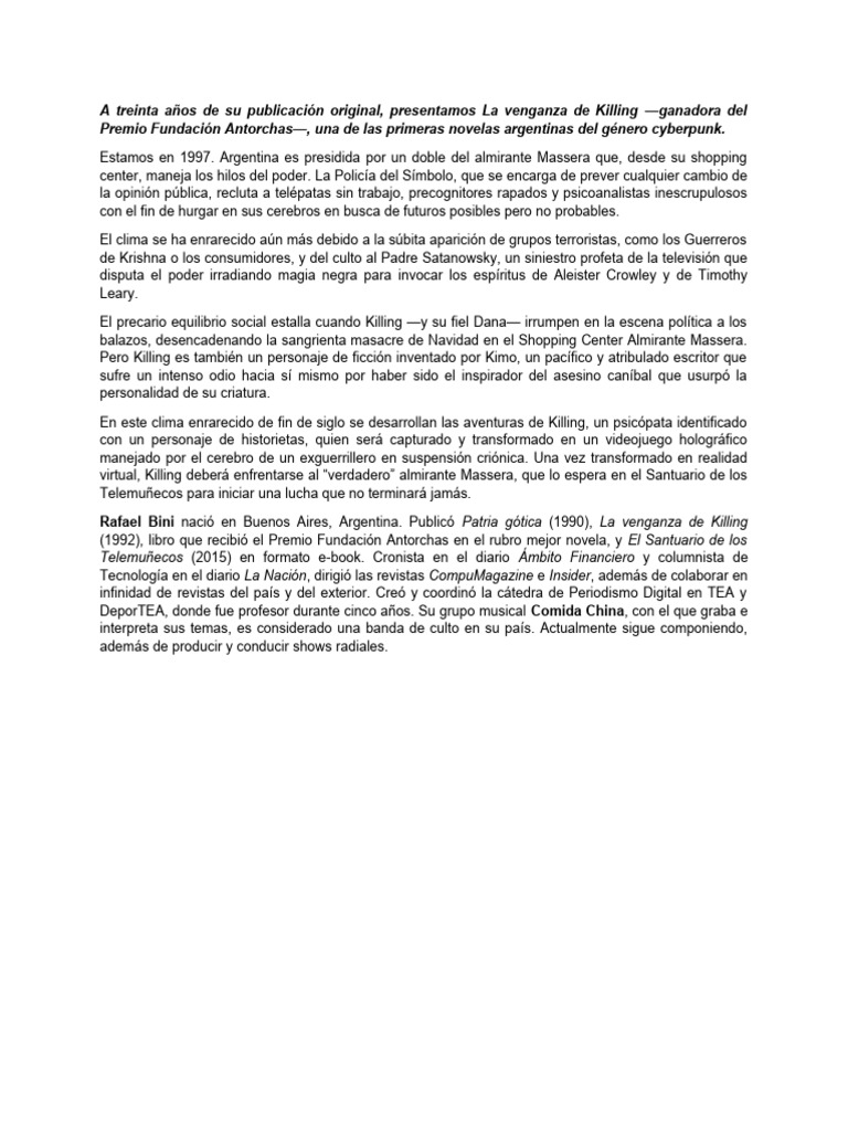 Contratapa La Venganza de Killing | PDF | Novela negra, policíaca y suspenso