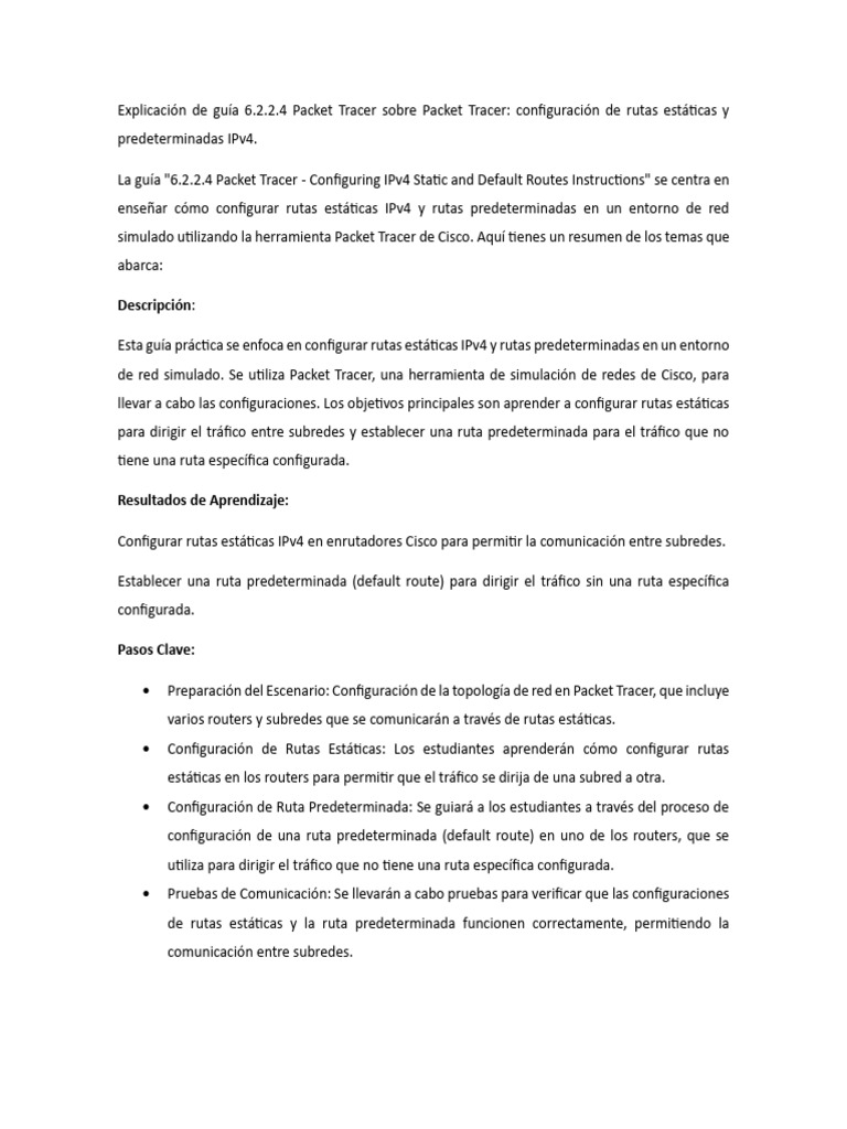 Explicación de Guía 6.2.2.4 Packet Tracer Sobre Packet Tracer Configuración de Rutas Estáticas y ...