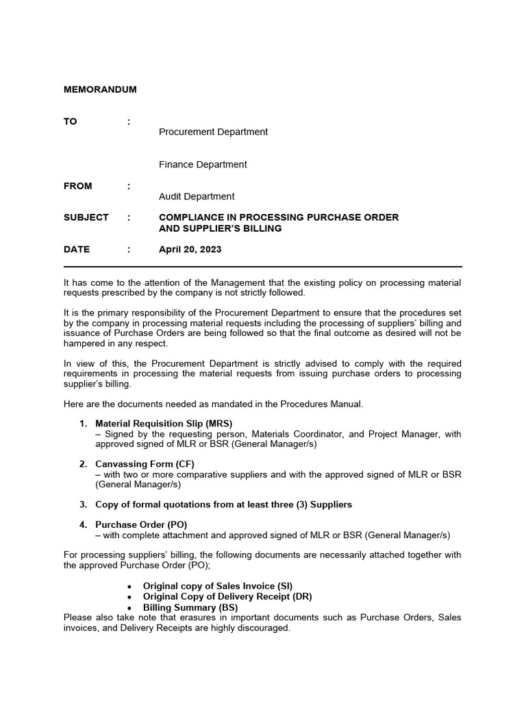 MEMO - Procurement | PDF | Receipt | Procurement