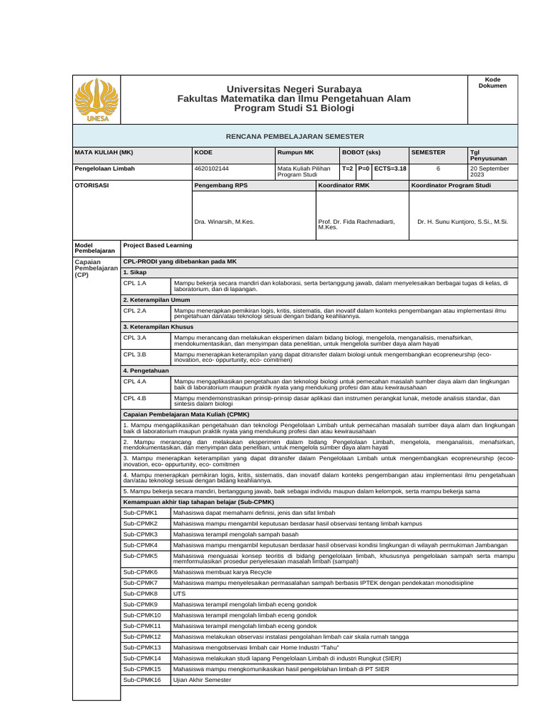 RPS Pengelolaan Limbah Biologi | PDF | Sains & Matematika | Teknologi & Rekayasa