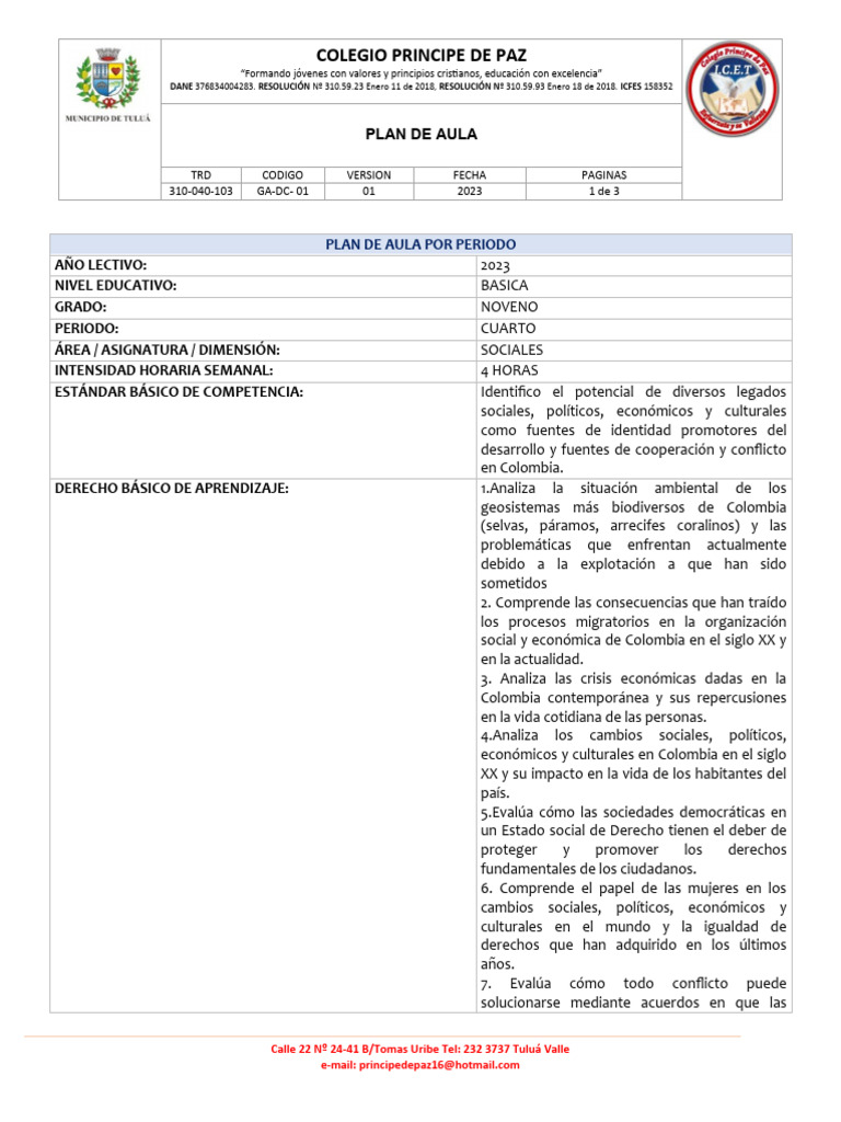 Plan de Aula 4 P C.S 9 | PDF | Colombia