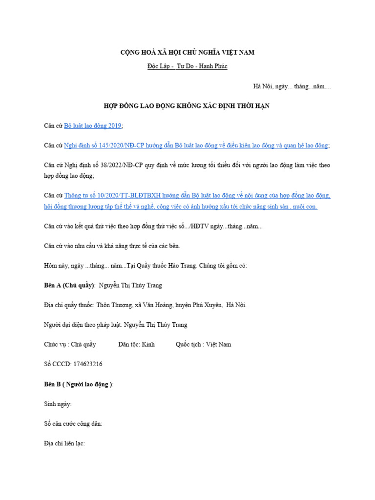 Mau Hop Dong Lao Dong Khong Xac Dinh Thoi Han | PDF