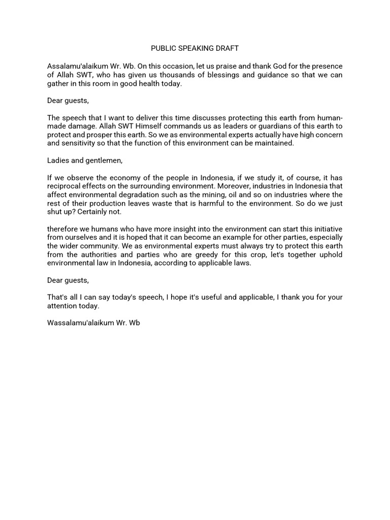 Environmental Awareness Speech Draft | PDF