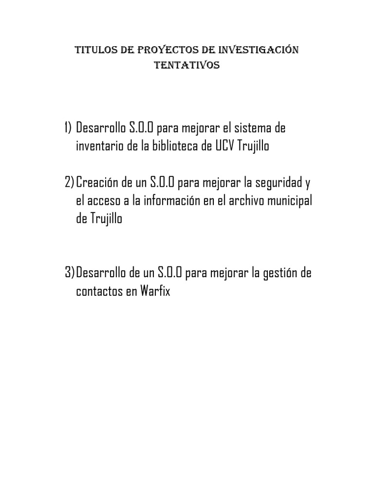 Titulos de Proyectos de Investigación Tentativos | PDF