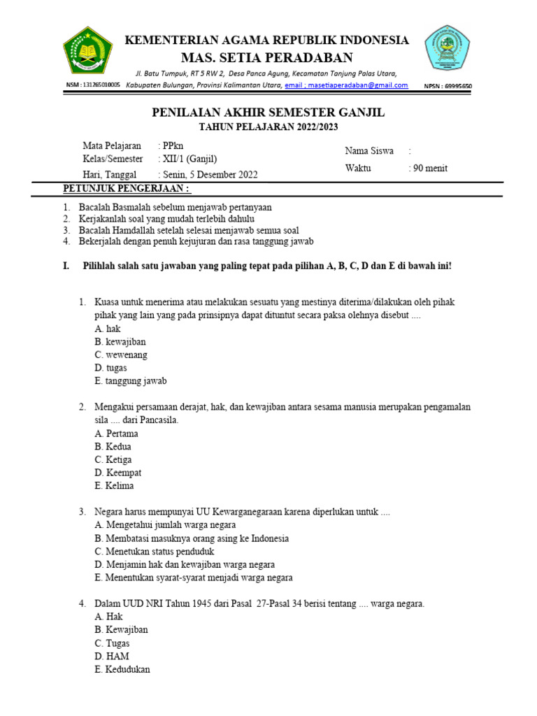 Soal Kls XII 2022 PPKN | PDF