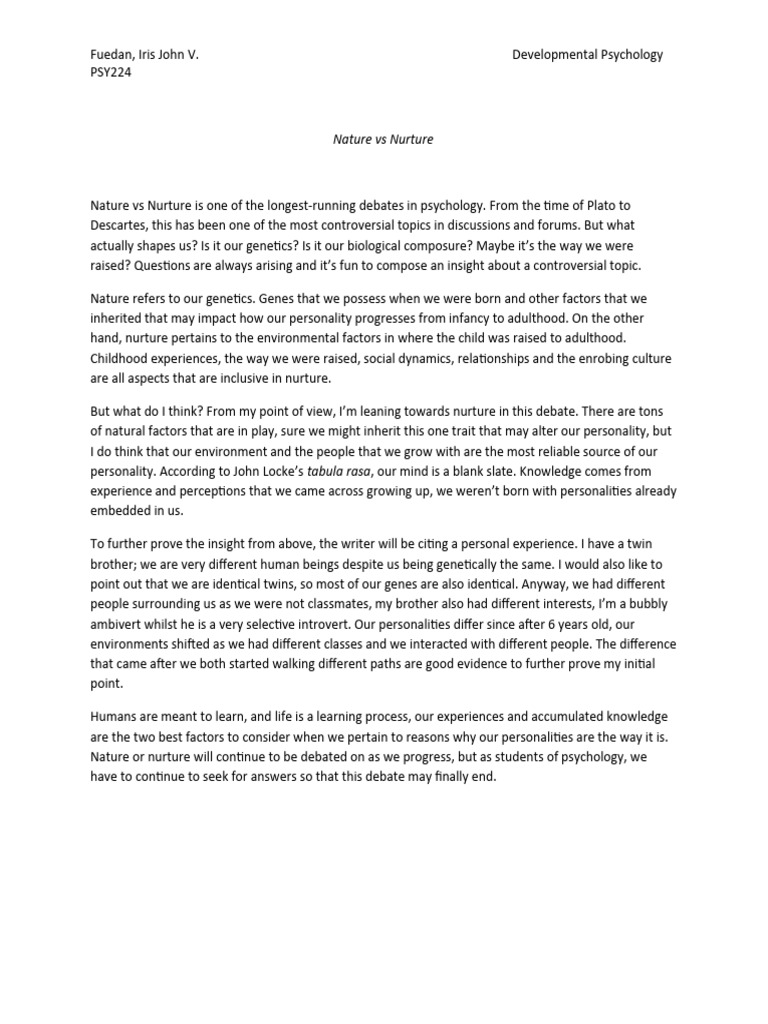 Nature Vs Nurture | PDF | Nature Versus Nurture | Psychological Theories