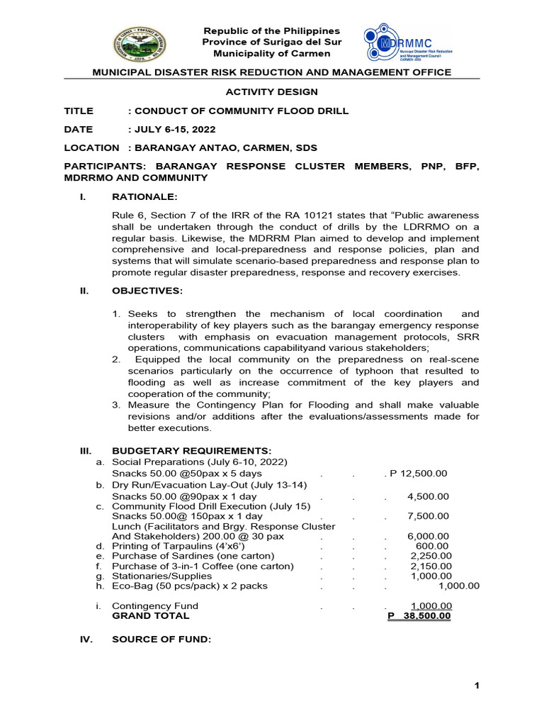 Community Flood Drill Execution Plan | PDF | Risk