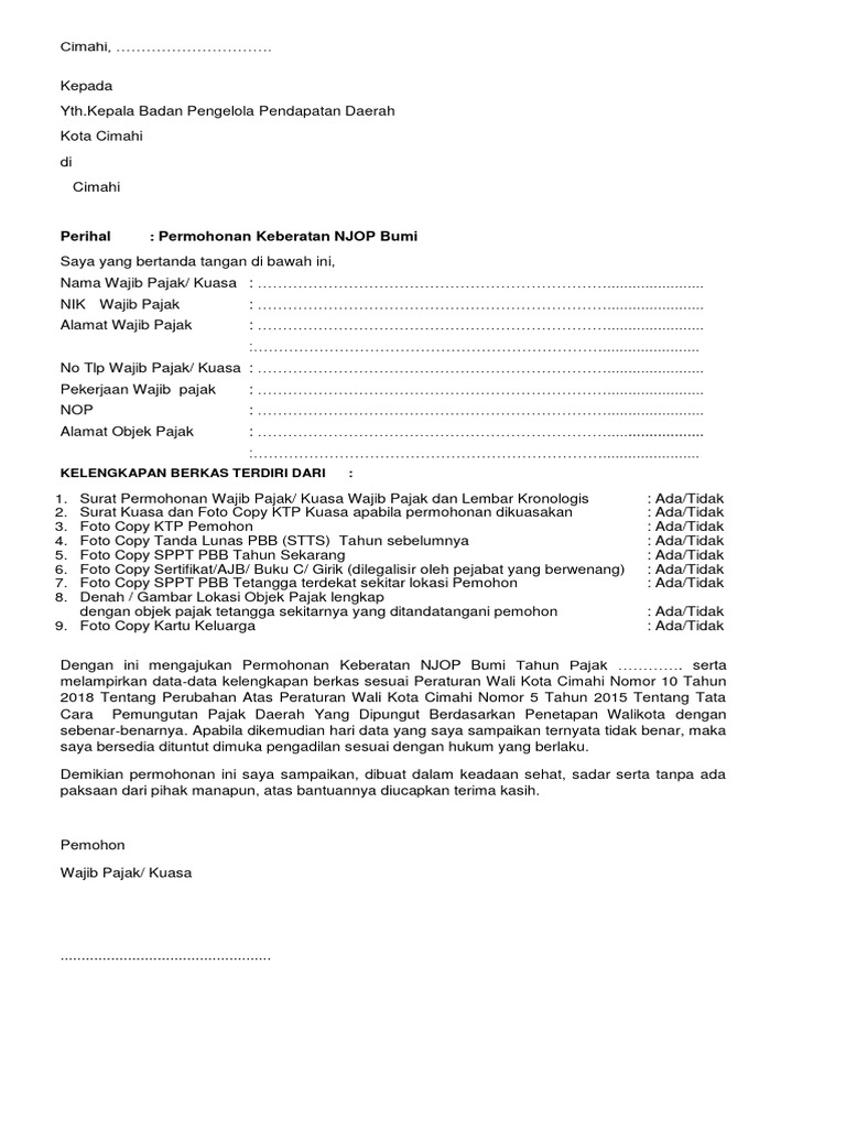 Form Keberatan PBB NJOP Bumi | PDF