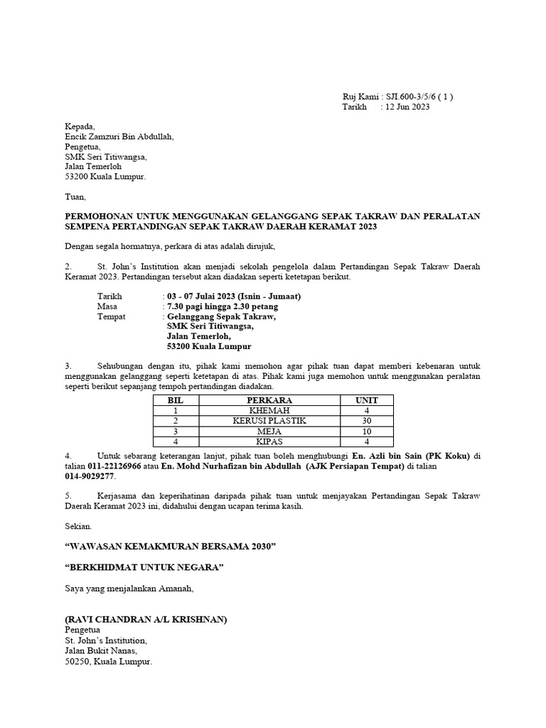 Surat Permohonan Guna Gelanggang Takraw SSN | PDF Surat Permohonan Guna Gelanggang Takraw SSN | PDF