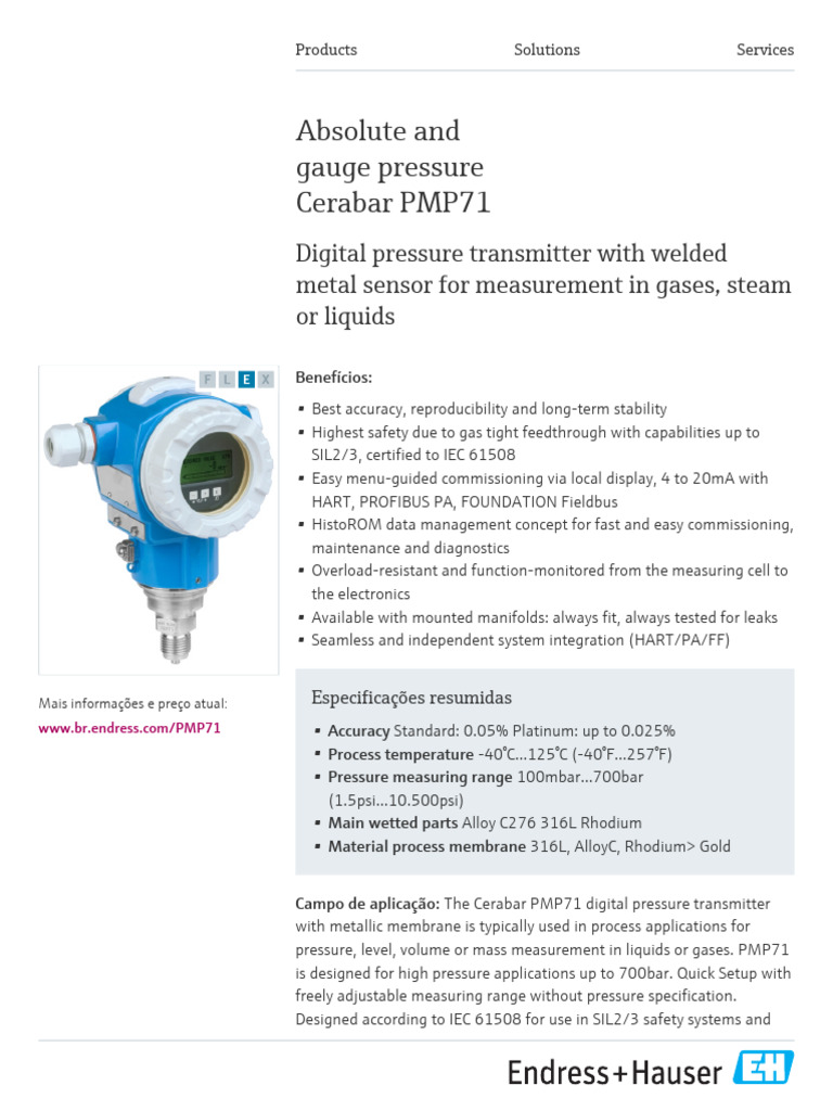 Cerabar PMP71 Pressure Transmitter | PDF | Pressure Measurement | Pressure