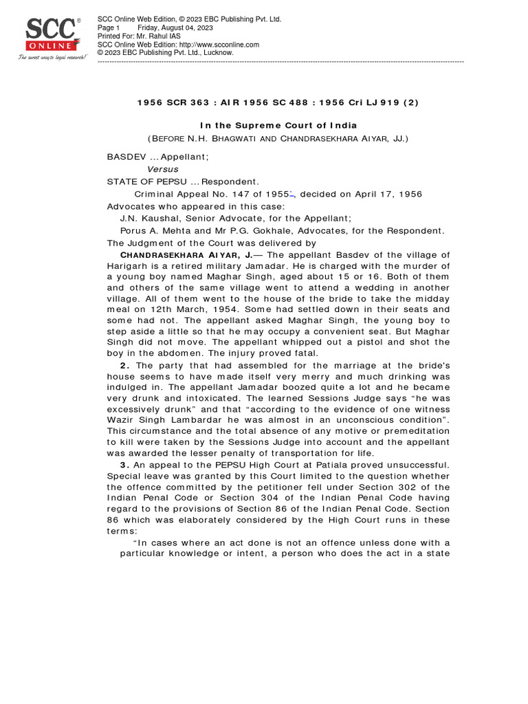 Basdev v. State of Pepsu, 1956 SCR 363 | PDF | Murder | Judgment (Law)