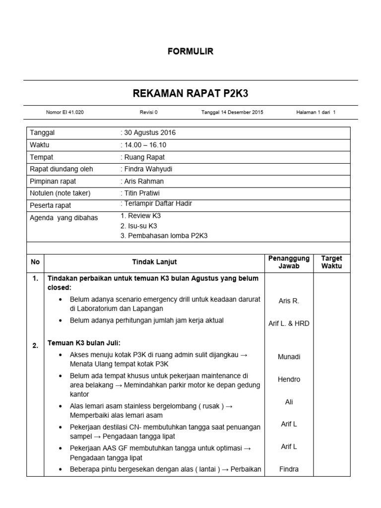 Notulen Rapat P2K3 Contohh | PDF